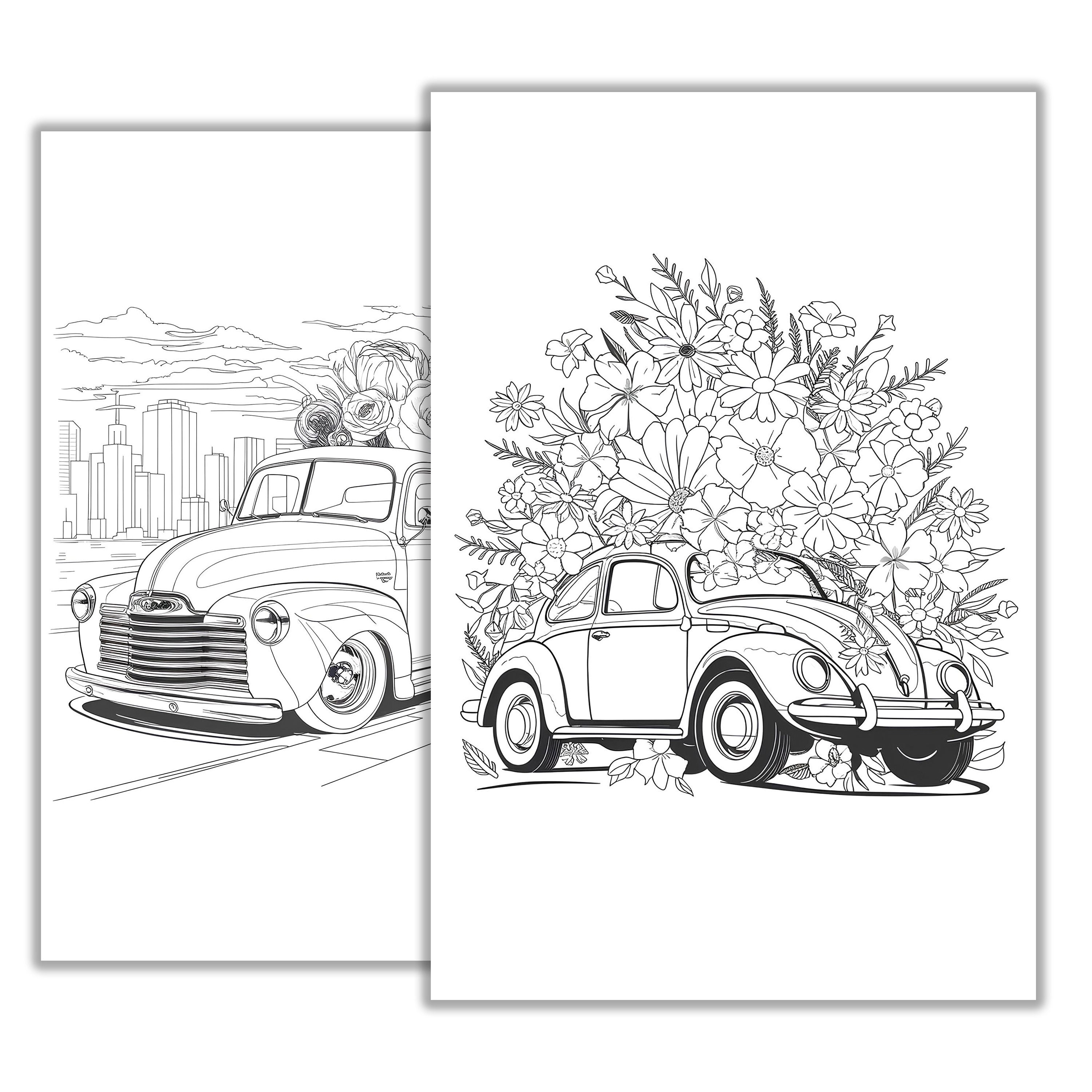 Car With Flowers Coloring Page | Printable Unique Art for Kids & Adults ...
