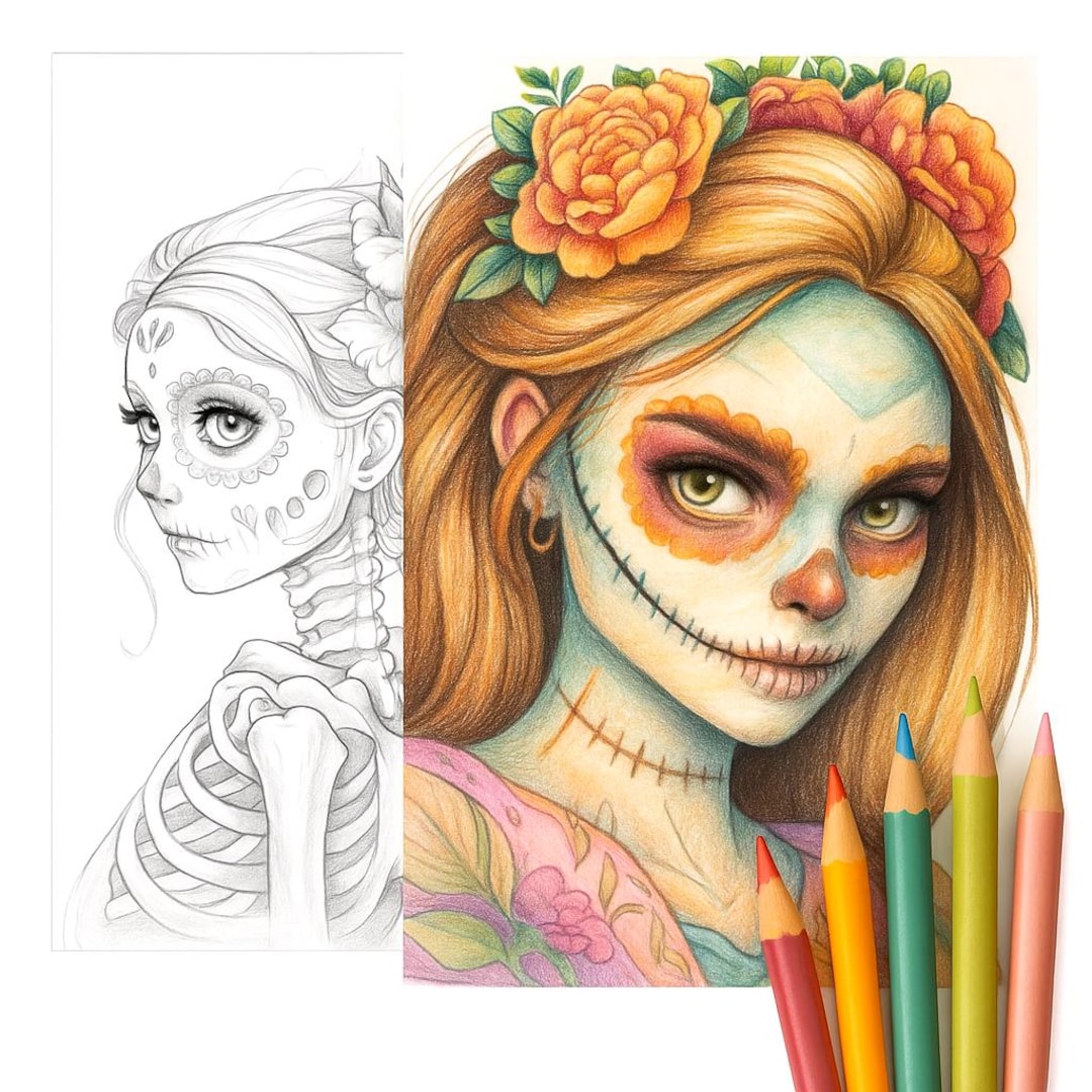 Creepy Girls Coloring Page – Spooky & Gothic Girl Line Art for Adults ...