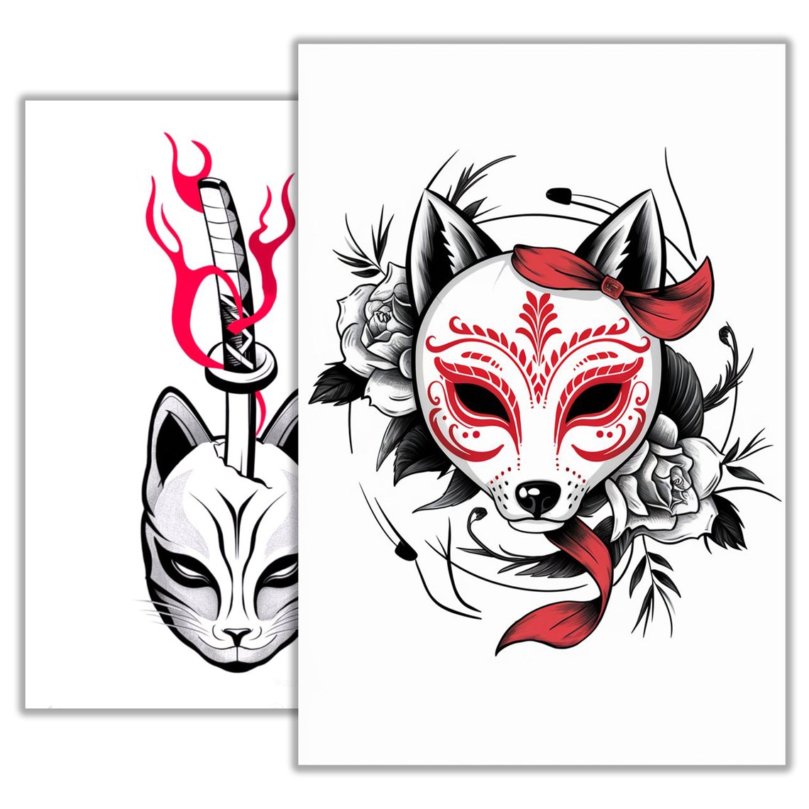 Kitsune Mask Tattoo Sketch Intricate Japanese Fox Spirit Design - Etsy