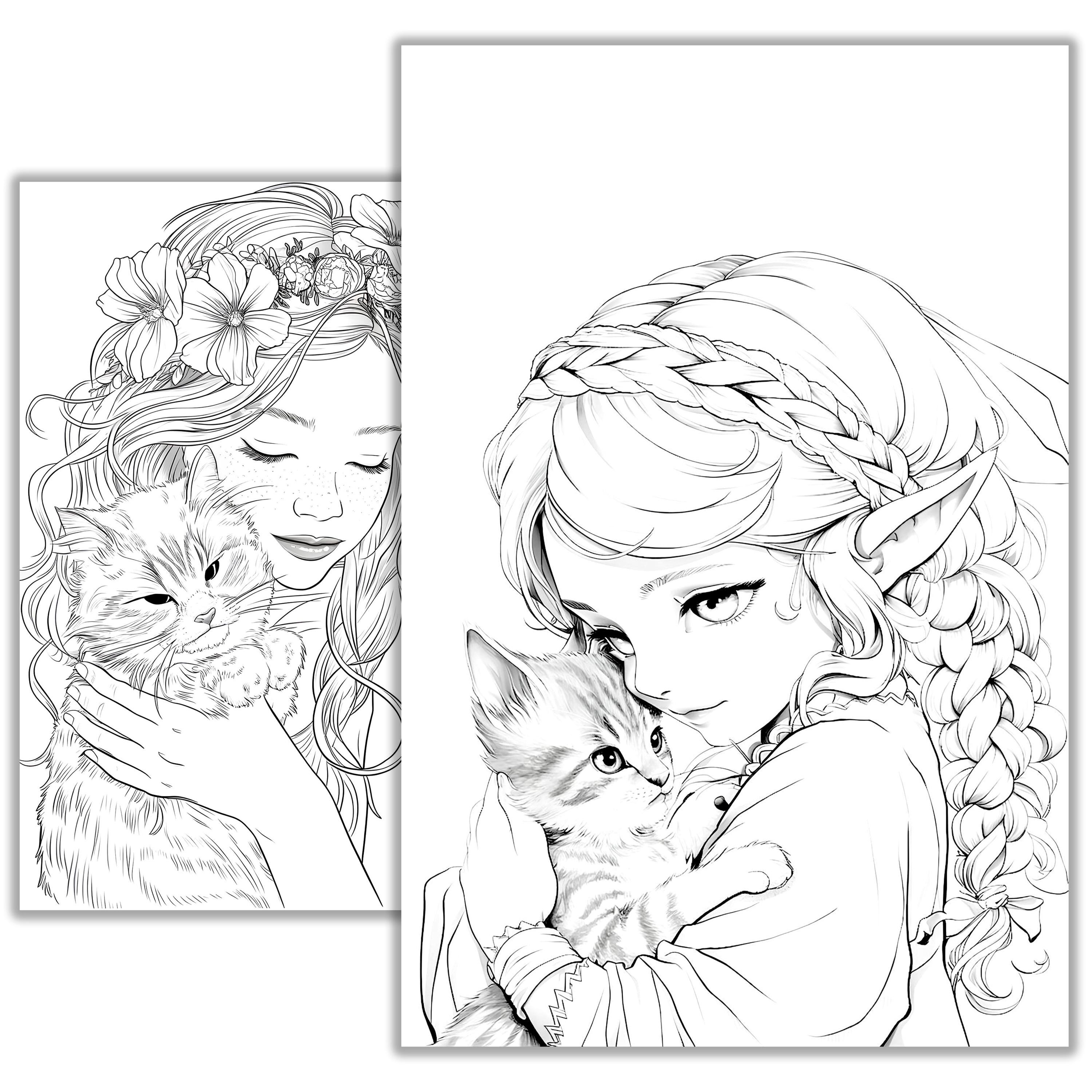 Girl With Cat Coloring Page - Etsy
