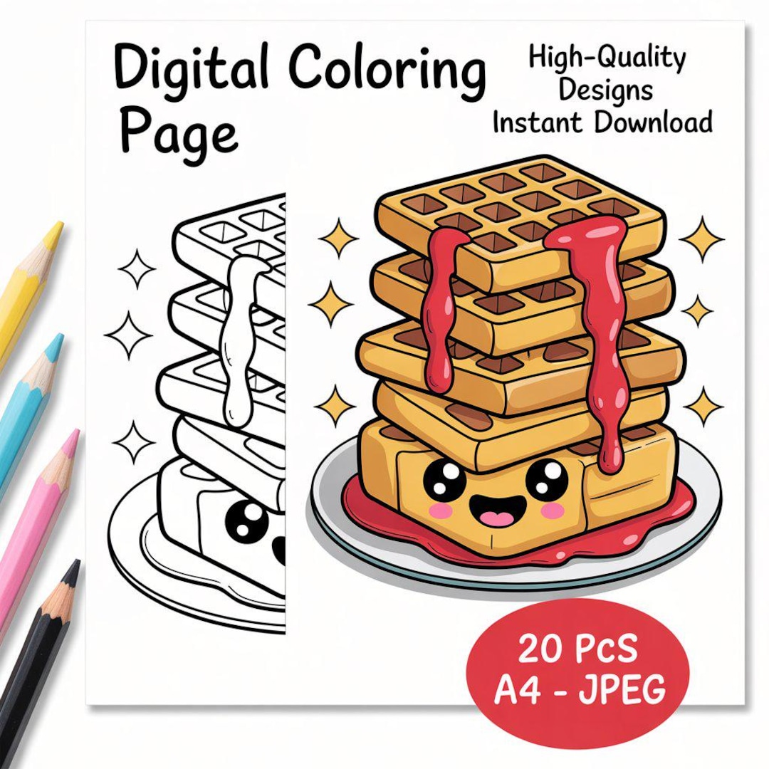 Waffles Coloring Page - Cute Breakfast Food Printable - Fun Line Art ...