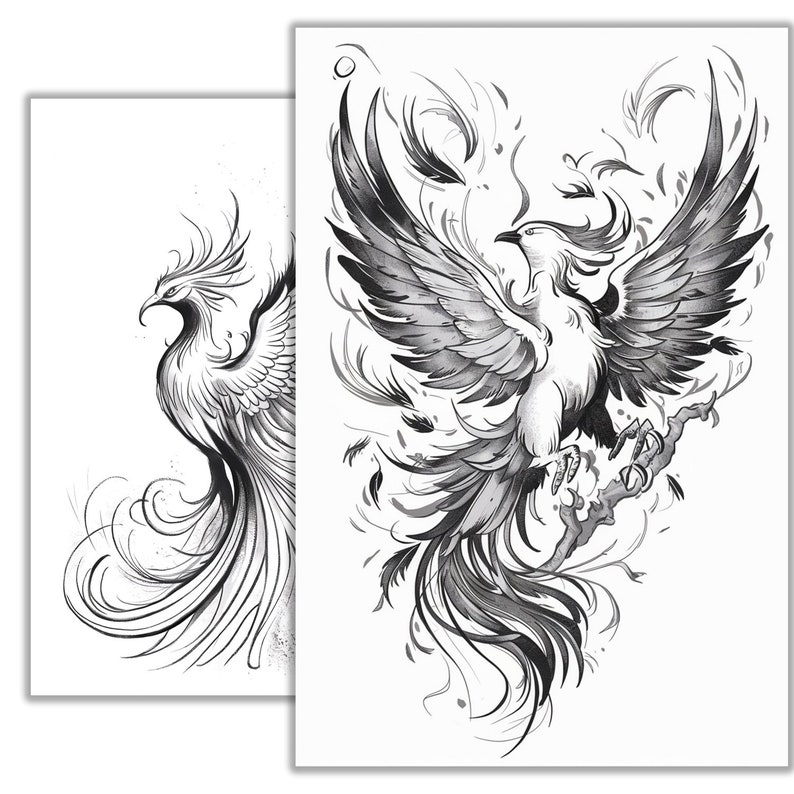 Phoenix Tattoo Sketch - Mythical Bird Line Art Design - Rebirth & Fire ...