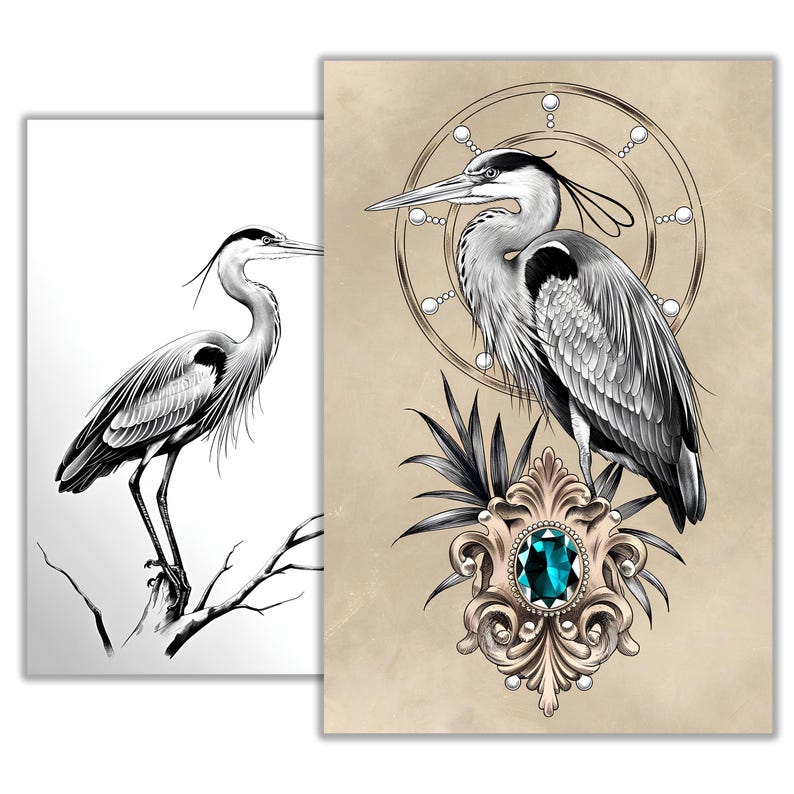 Boceto de tatuaje de garza: elegante diseño de línea de pájaro ...