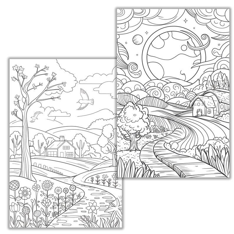 Landscape Coloring Page – Scenic Nature Printable for Adults & Kids ...