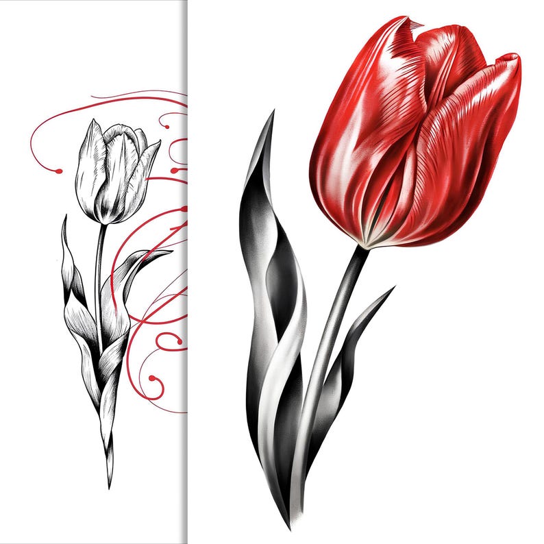 Tulip Tattoo Sketch – Botanical Line Art Flower Tattoo Design, Black ...
