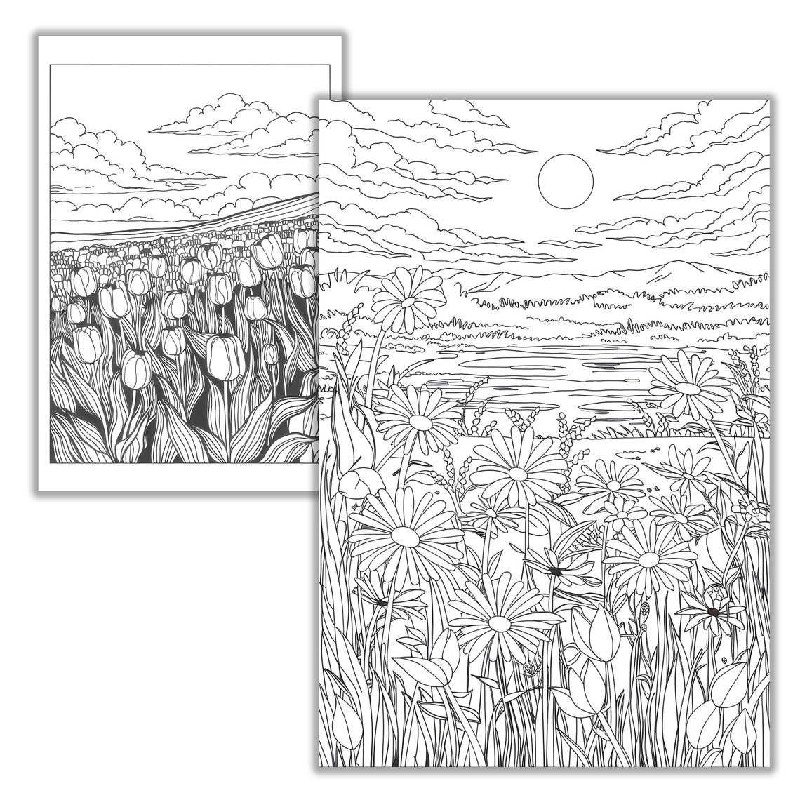 Flowers in the Field Coloring Page. Printable Floral Scene for Kids and ...