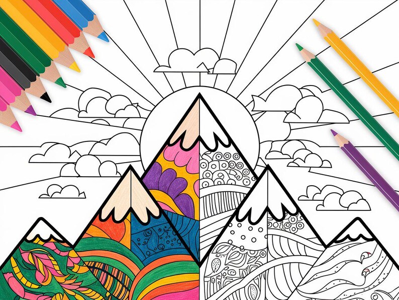 Mountain Coloring Page - Scenic Nature Landscape Printable Coloring ...