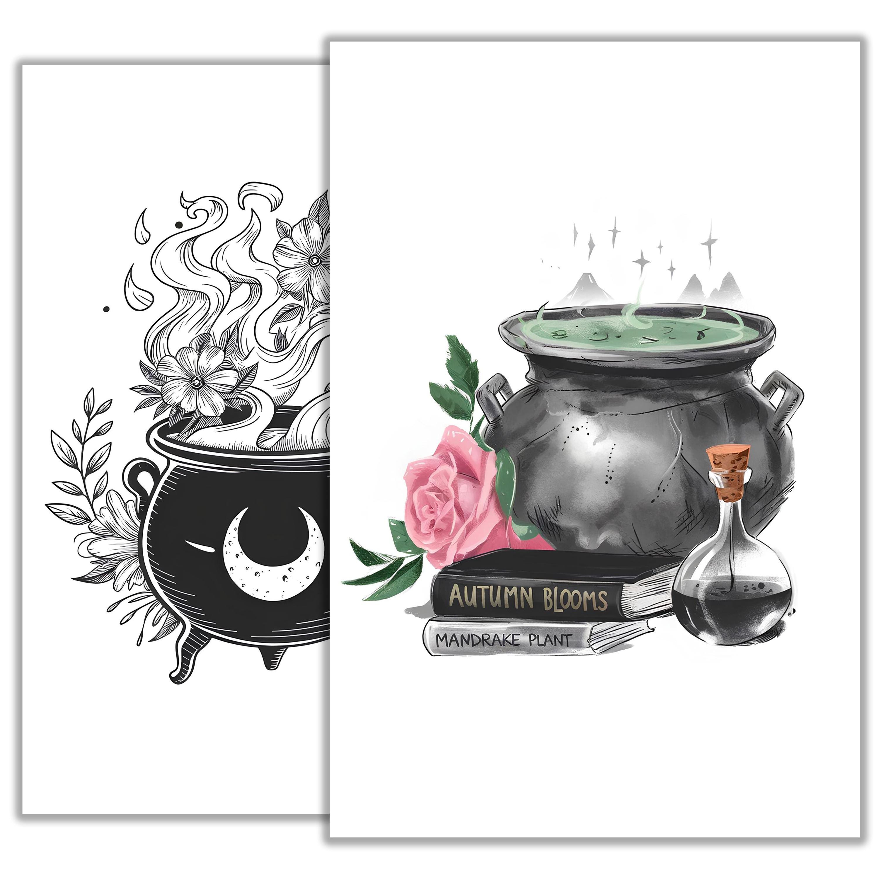Witch Cauldron Tattoo Sketch – Magical Potion Pot Line Art, Blackwork ...