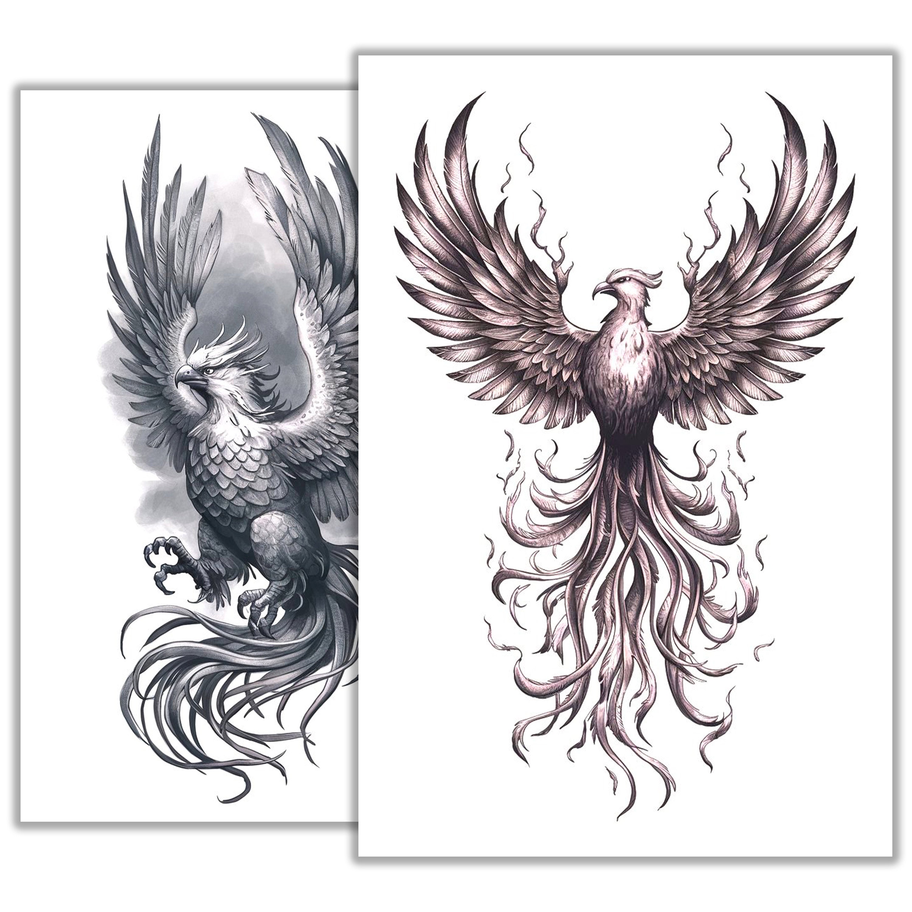 Phoenix Tattoo Sketch - Mythical Bird Line Art Design - Rebirth & Fire ...