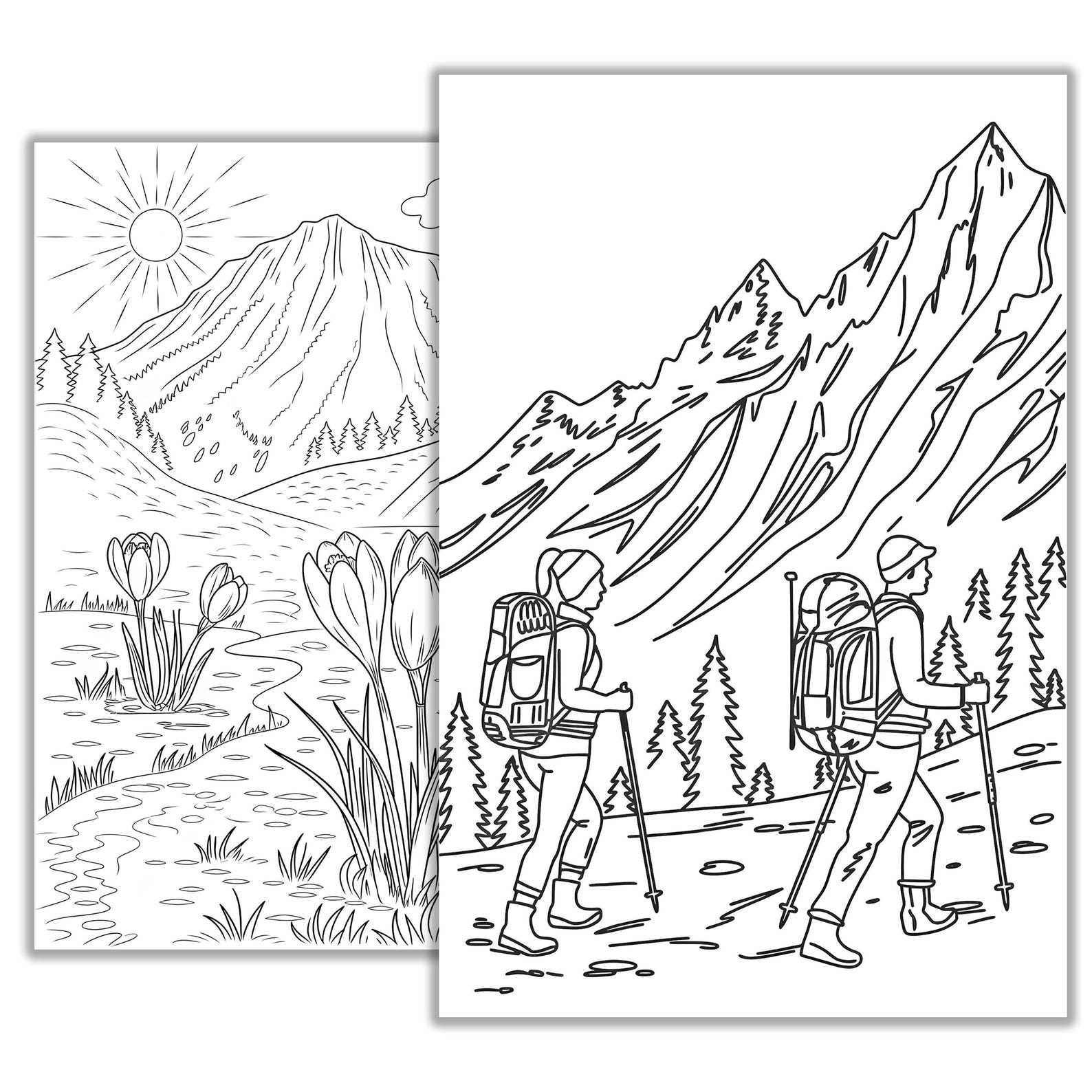 Mountain Coloring Page - Scenic Nature Landscape Printable Coloring ...
