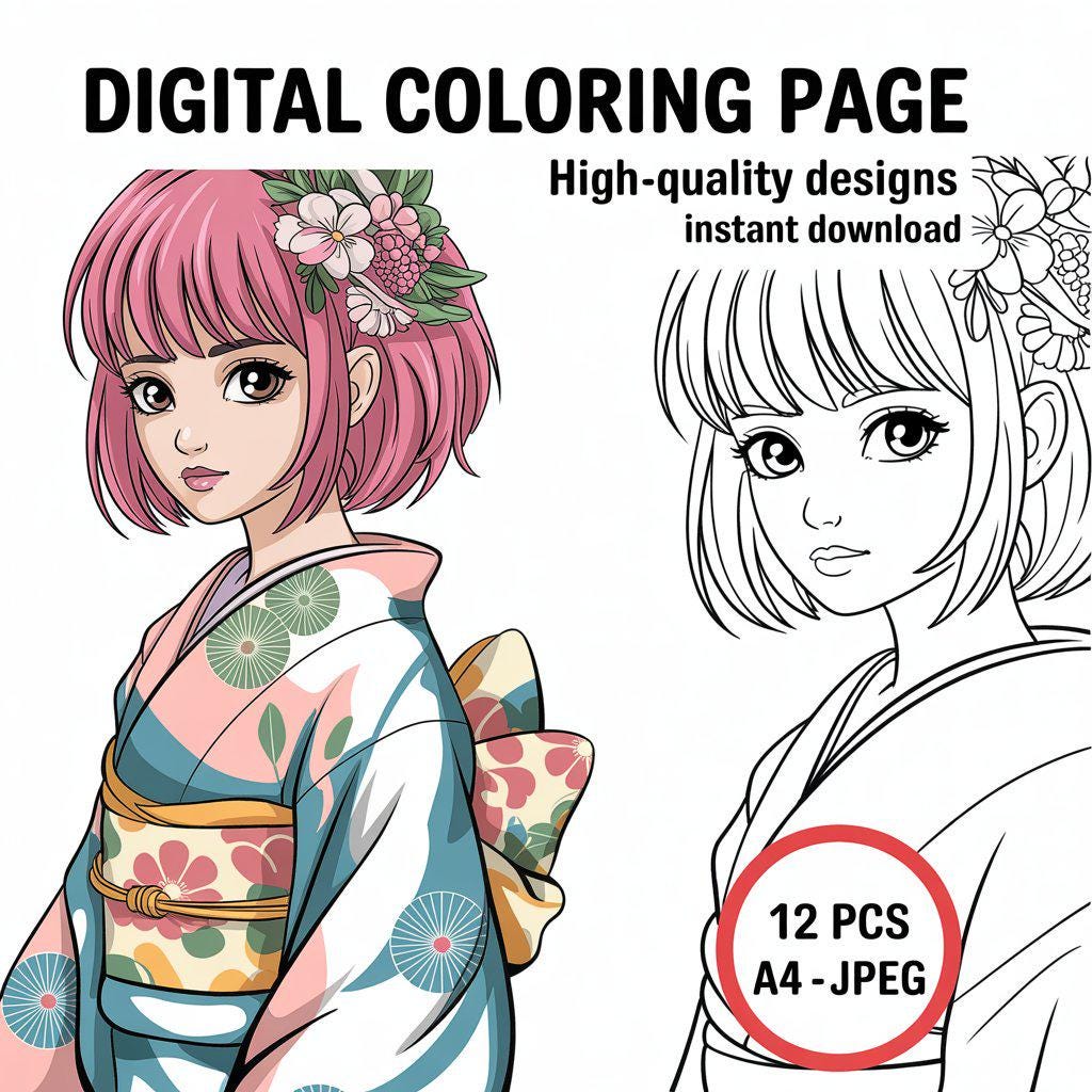 Anime Girl Coloring Pages - Cute Japanese Style Line Art - Printable ...