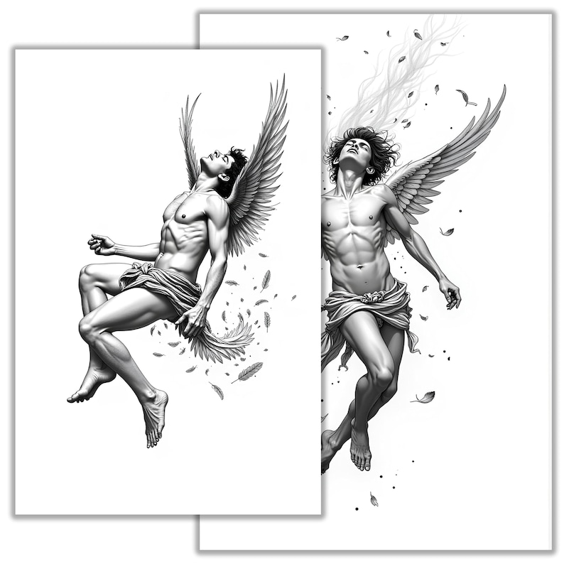 Icarus Tattoo Sketch #2 – Mythological Line Art Design | Falling Icarus ...