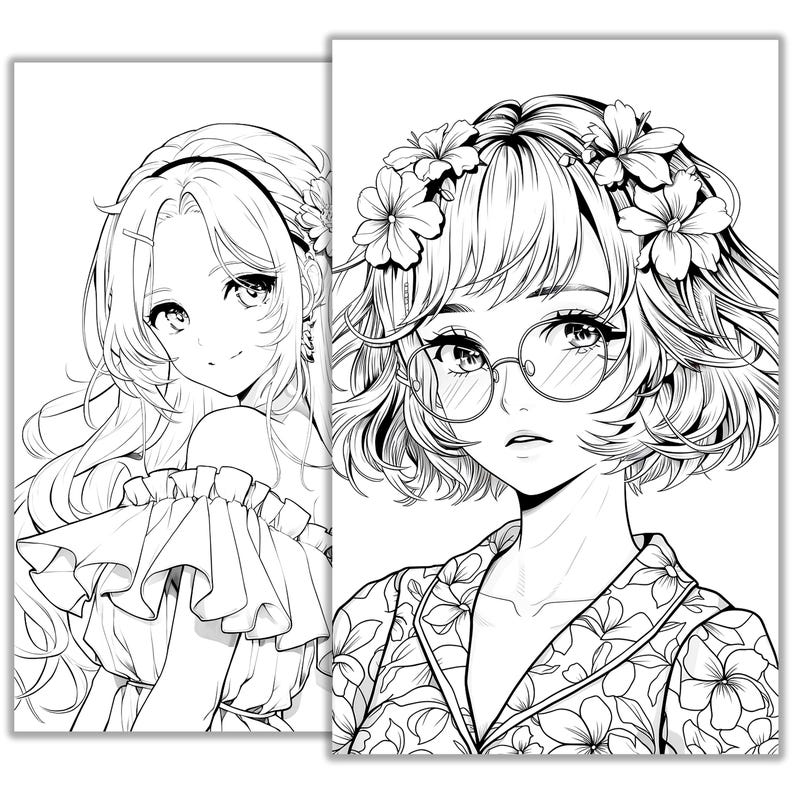 Anime Girls Coloring Page – Cute Kawaii Manga Characters, Printable ...