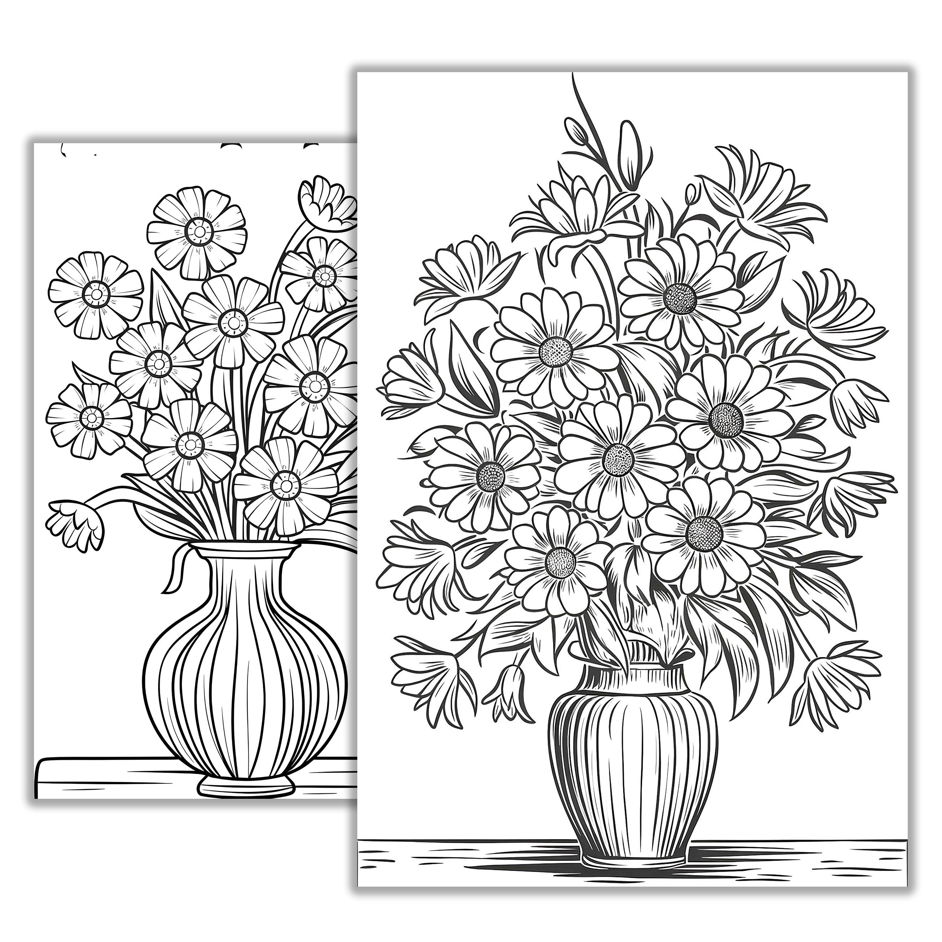 Flowers in a Vase Coloring Page – Printable Floral Art, Relaxing ...
