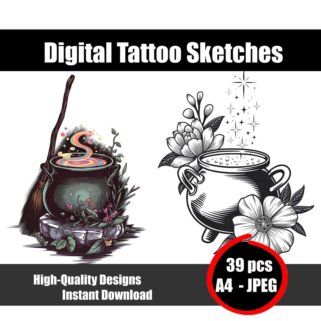 Witch Cauldron Tattoo Sketch – Magical Potion Pot Line Art, Blackwork ...