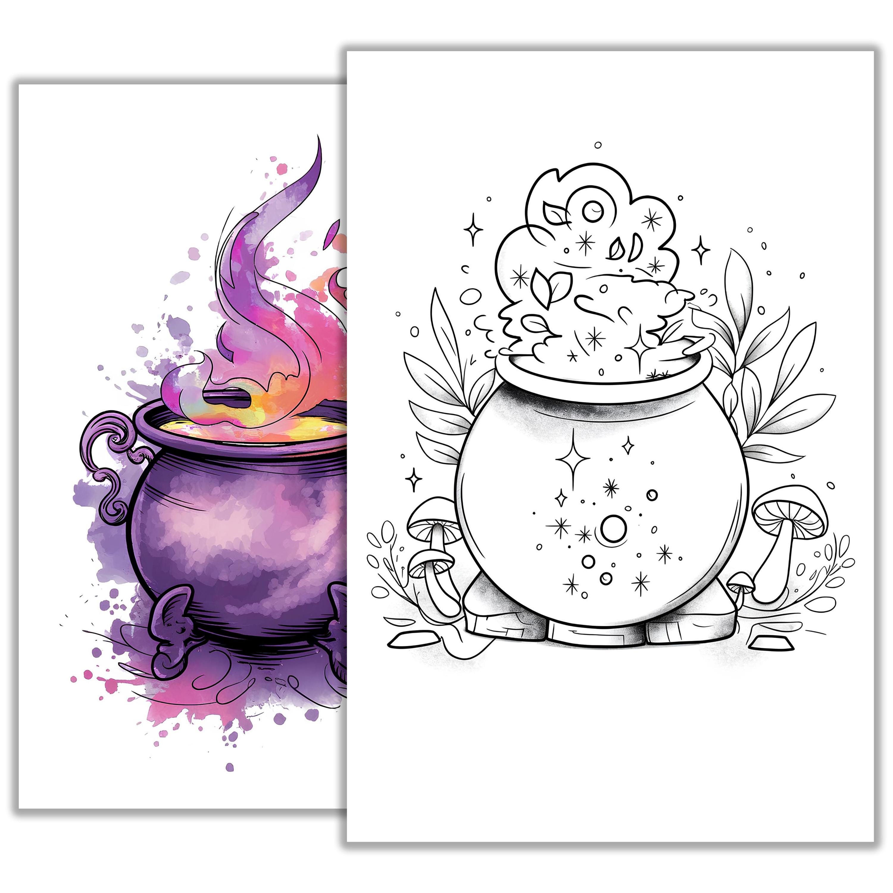 Witch Cauldron Tattoo Sketch – Magical Potion Pot Line Art, Blackwork ...