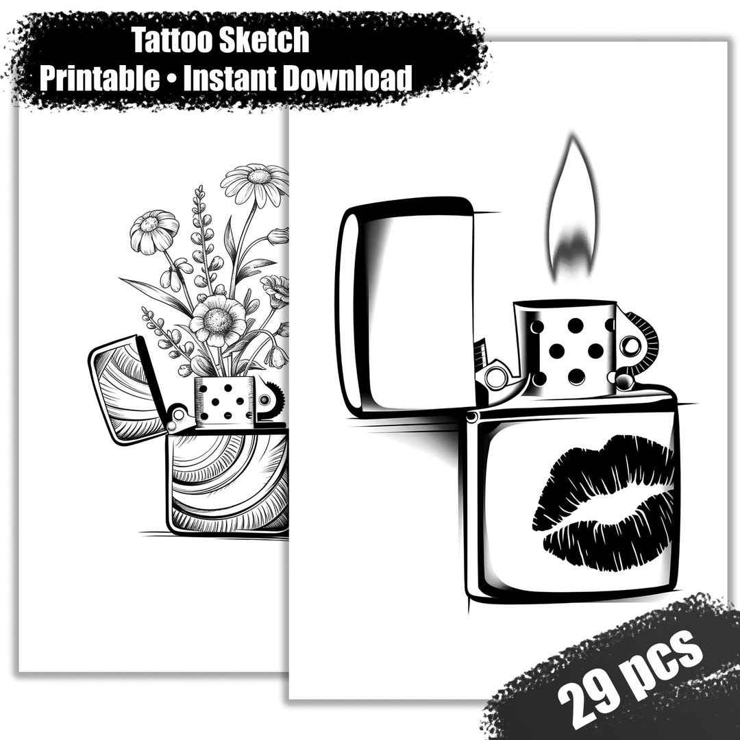 Lighter Tattoo Sketch – Vintage Flame Lighter Line Art, Printable ...