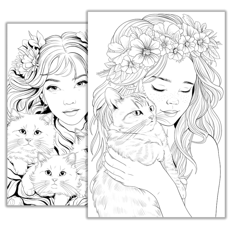 Girl With Cat Coloring Page – Cute Printable Coloring Sheet for Kids ...