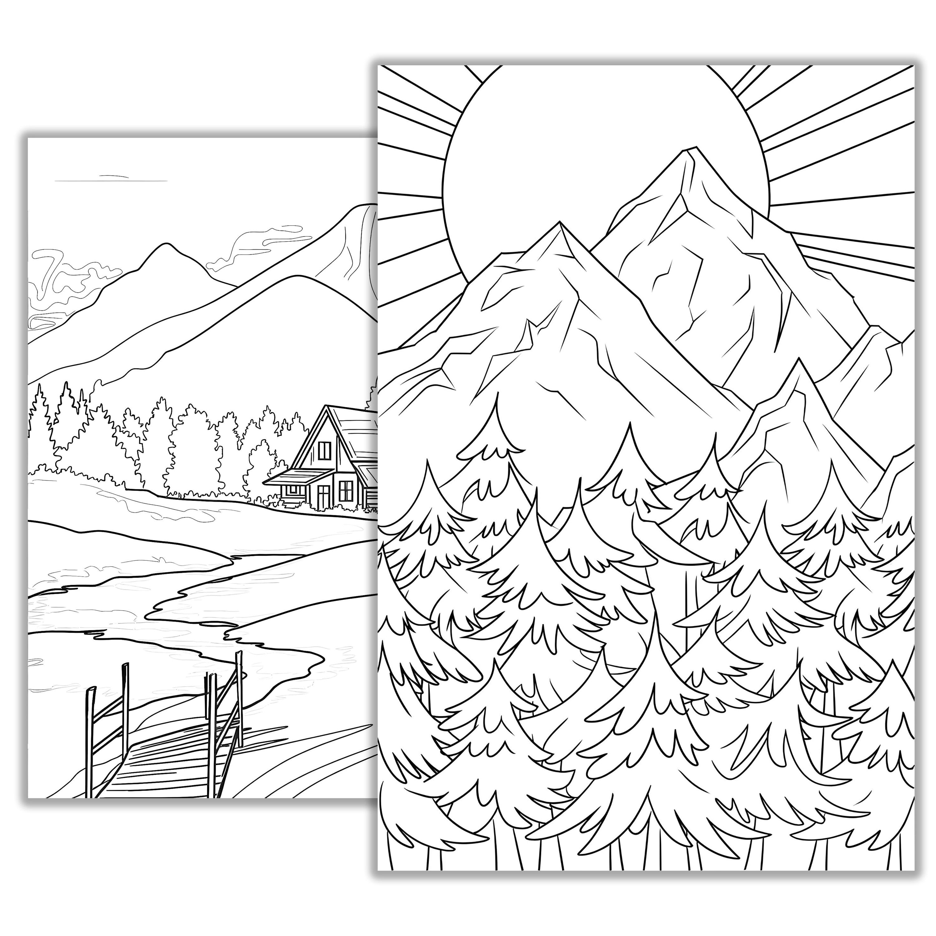 Mountain Coloring Page - Scenic Nature Landscape Printable Coloring ...