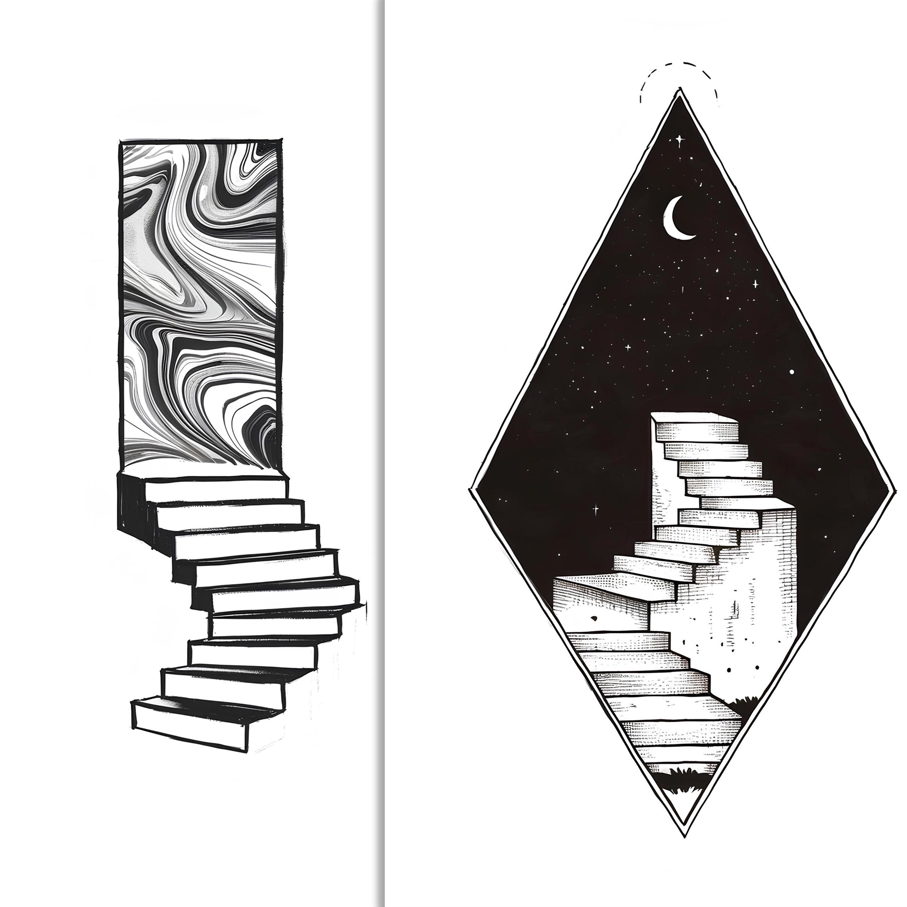 Stairway Tattoo Sketch – Surreal Staircase Tattoo Design | Blackwork ...