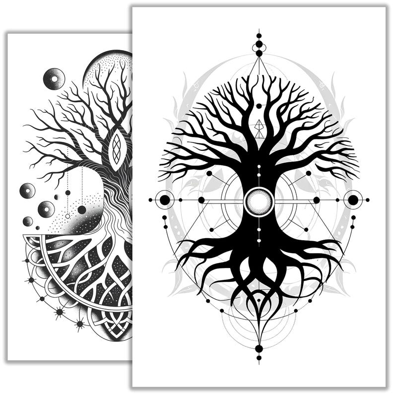 Yggdrasil Tree Tattoo Sketch – Norse Mythology Line Art, World Tree ...