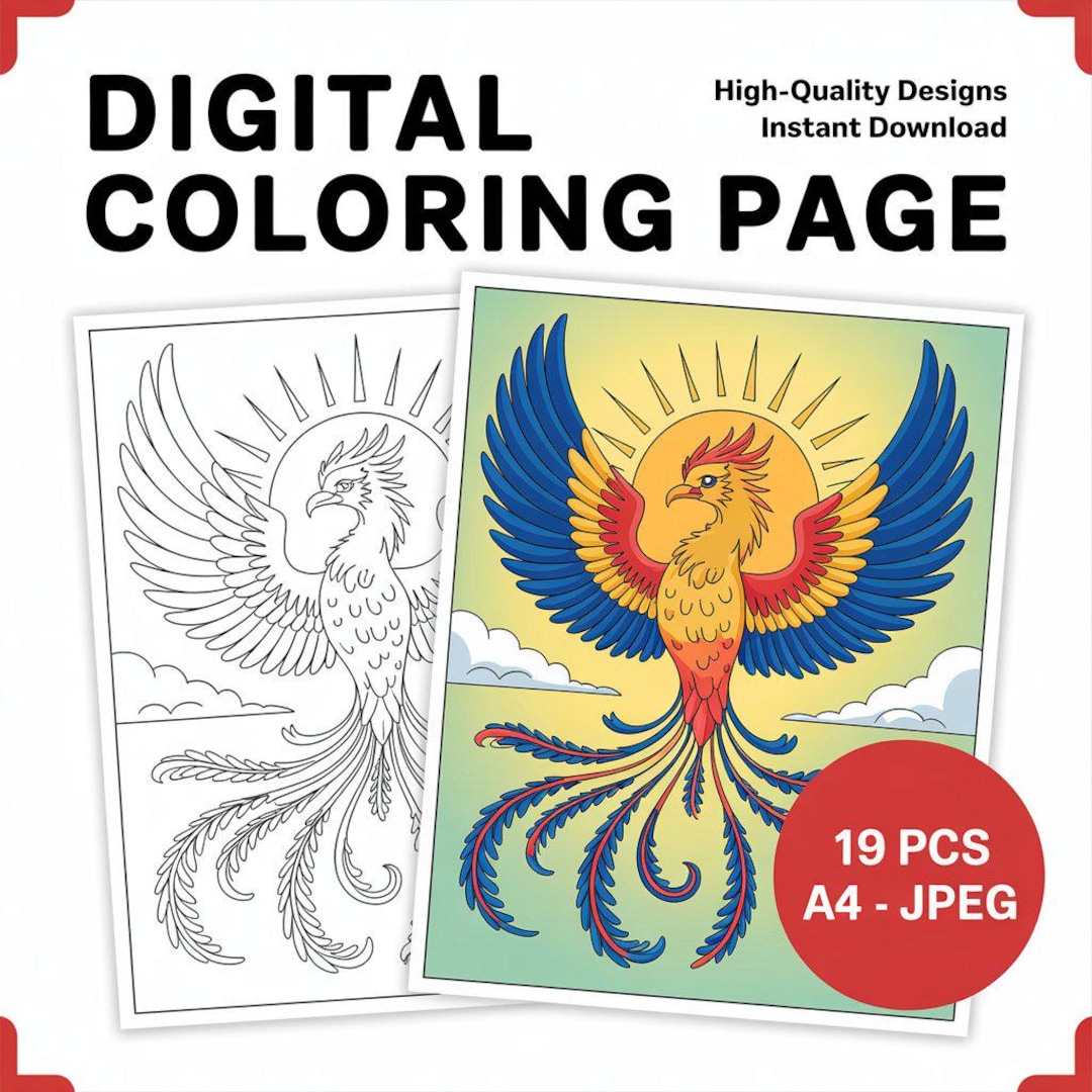 Phoenix Coloring Page - Mythical Bird Printable Art, Firebird Line ...