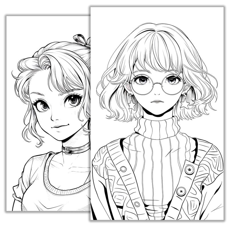 Anime Girls Coloring Page – Cute Kawaii Manga Characters, Printable ...