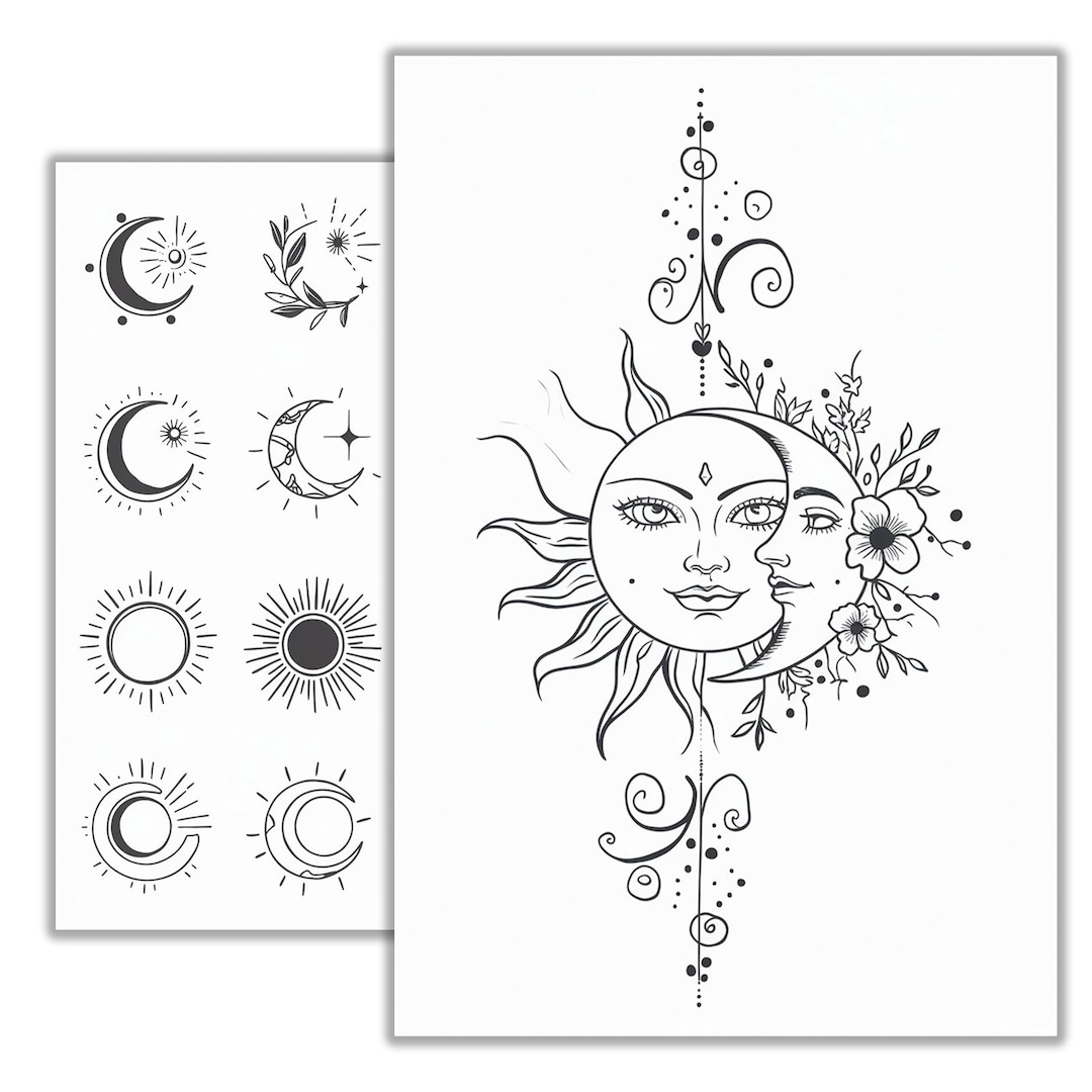 Moon and Sun Tattoo Sketch | Celestial Balance Design for Artists ...