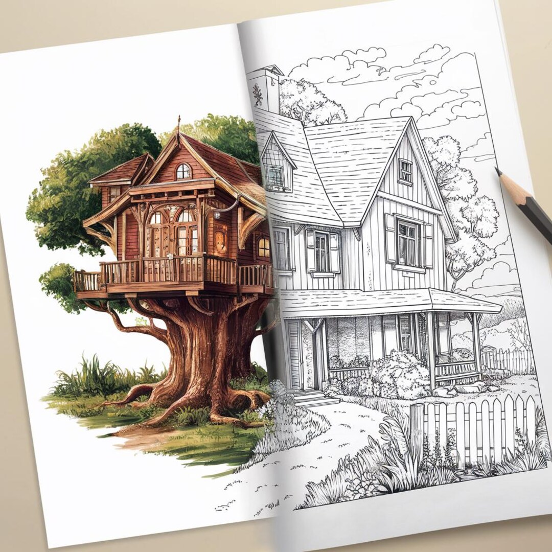 Cozy Houses Coloring Page Printable Relaxation Art for Adults and Kids ...