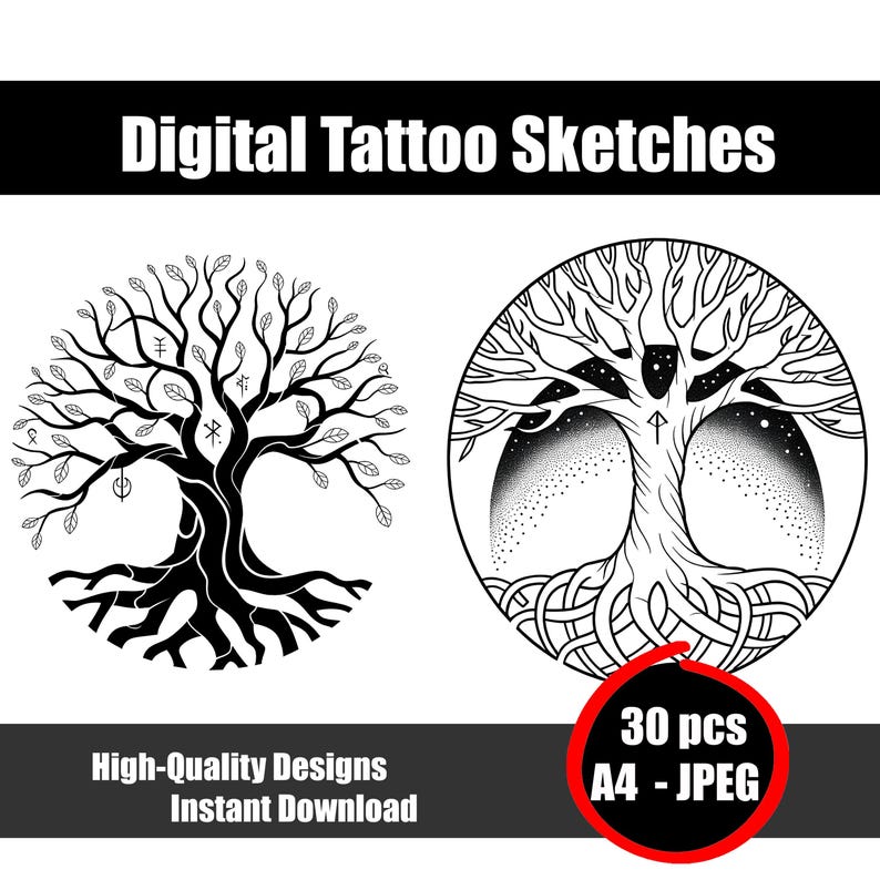 Yggdrasil Tree Tattoo Sketch – Norse Mythology Line Art, World Tree ...