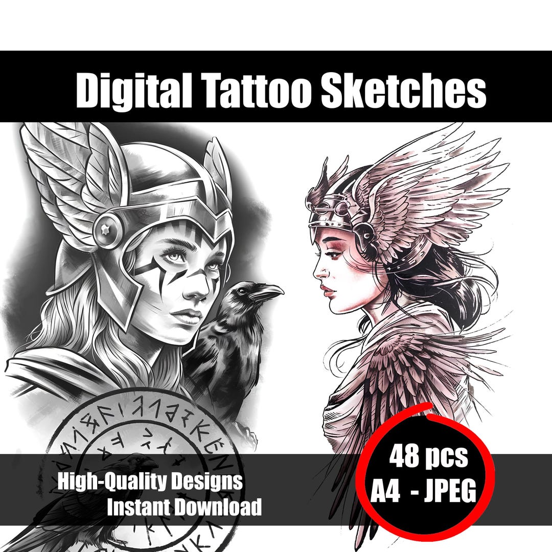 Valkyrie Tattoo Sketch – Mythological Tattoo Flash Art, Digital ...