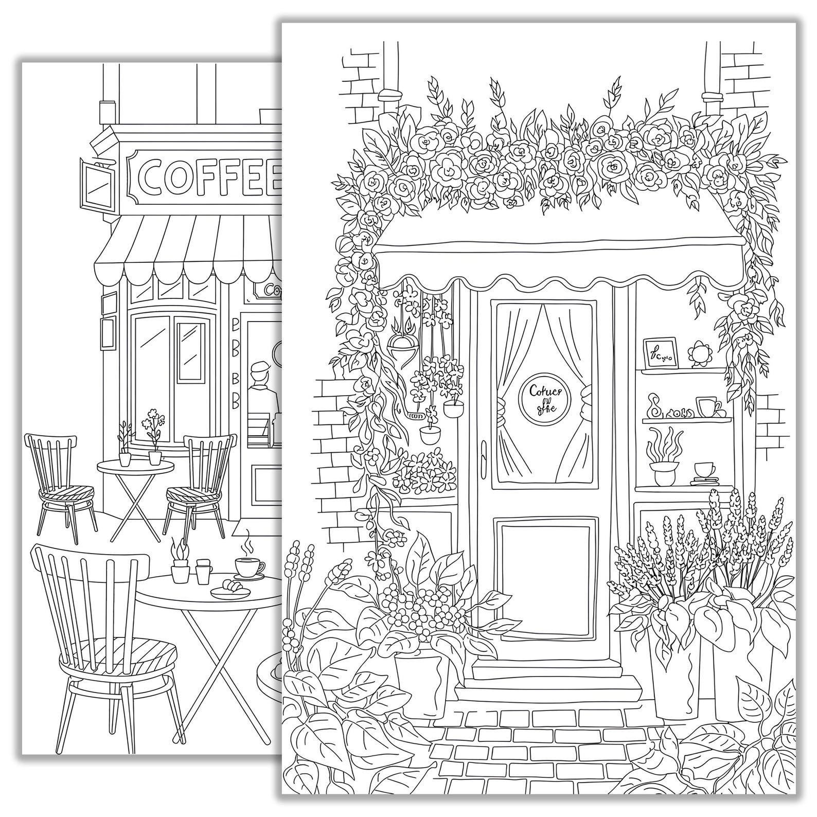 Coffee Shop Coloring Page – Cozy Printable Cafe Scene for Adults ...
