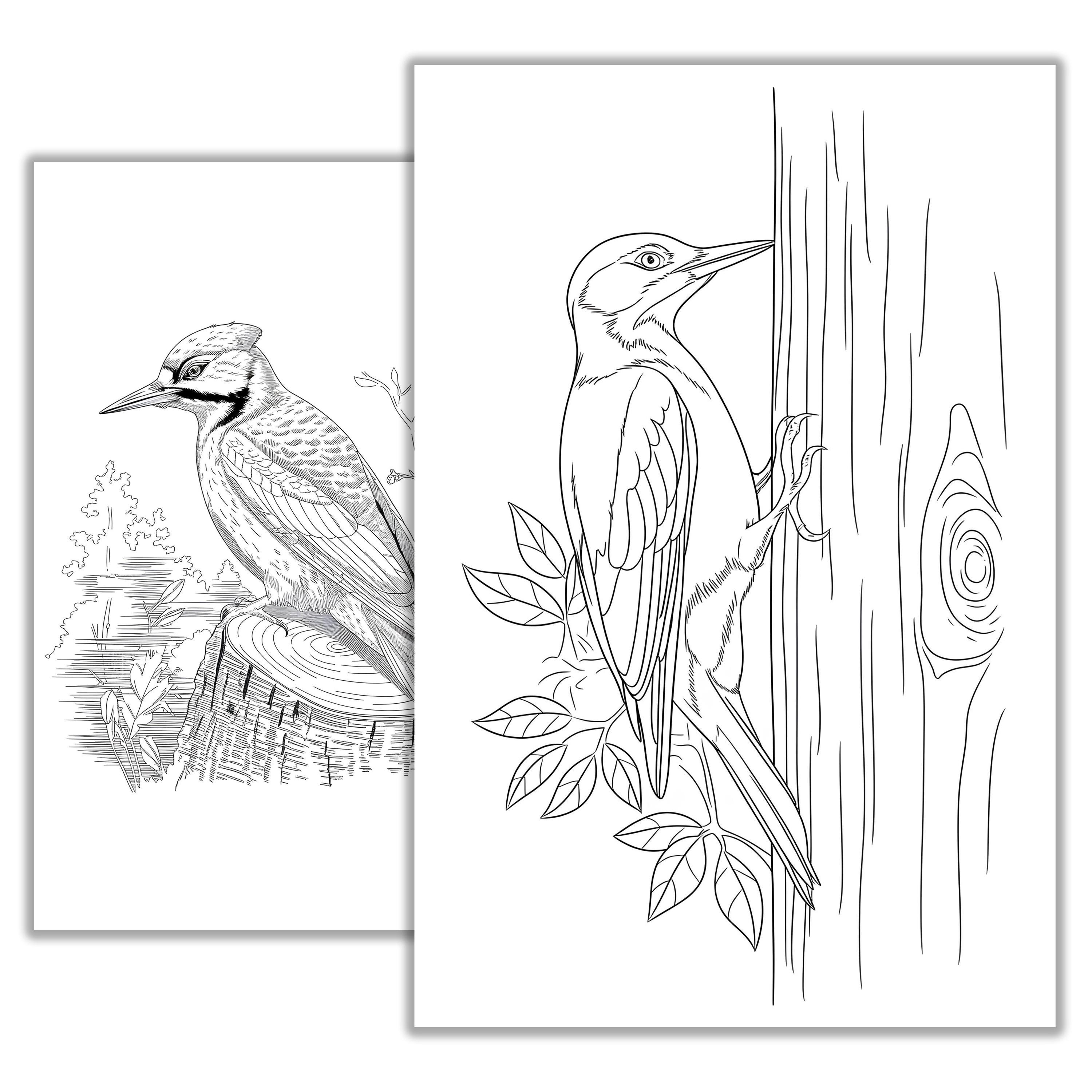 Printable Woodpecker Coloring Page Detailed Nature-inspired Design for ...