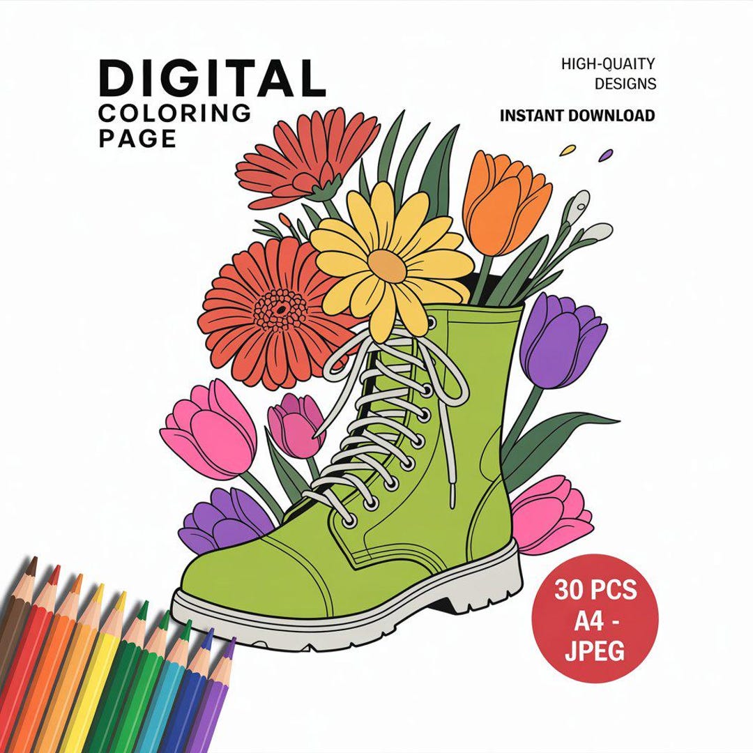 Flower in Boots Coloring Page – Printable Floral Art, Fun DIY Coloring ...