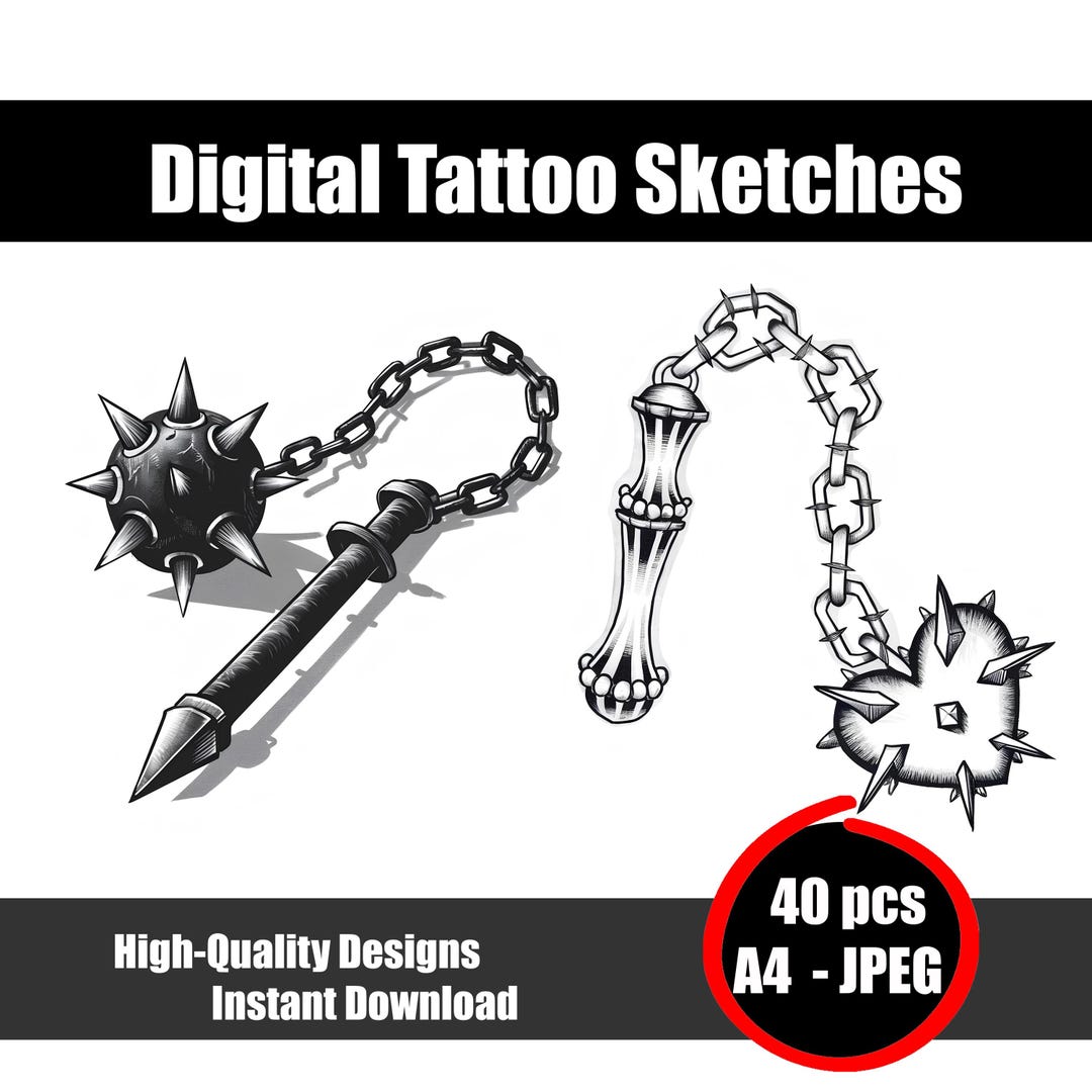Mace Tattoo Sketch – Printable Tattoo Flash, Fine Line Warrior Design ...