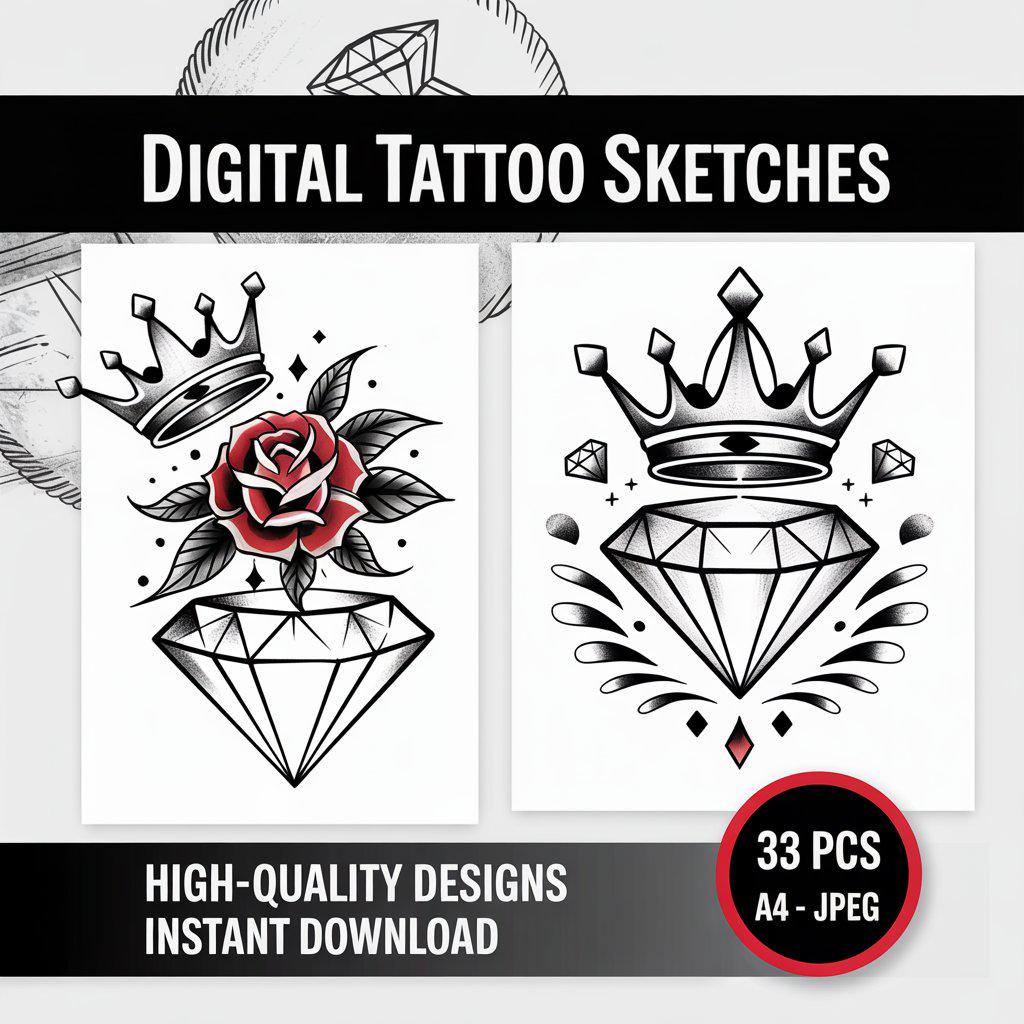 Diamond Tattoo Sketch – Black and White Line Art Gem Design, Fine Line ...