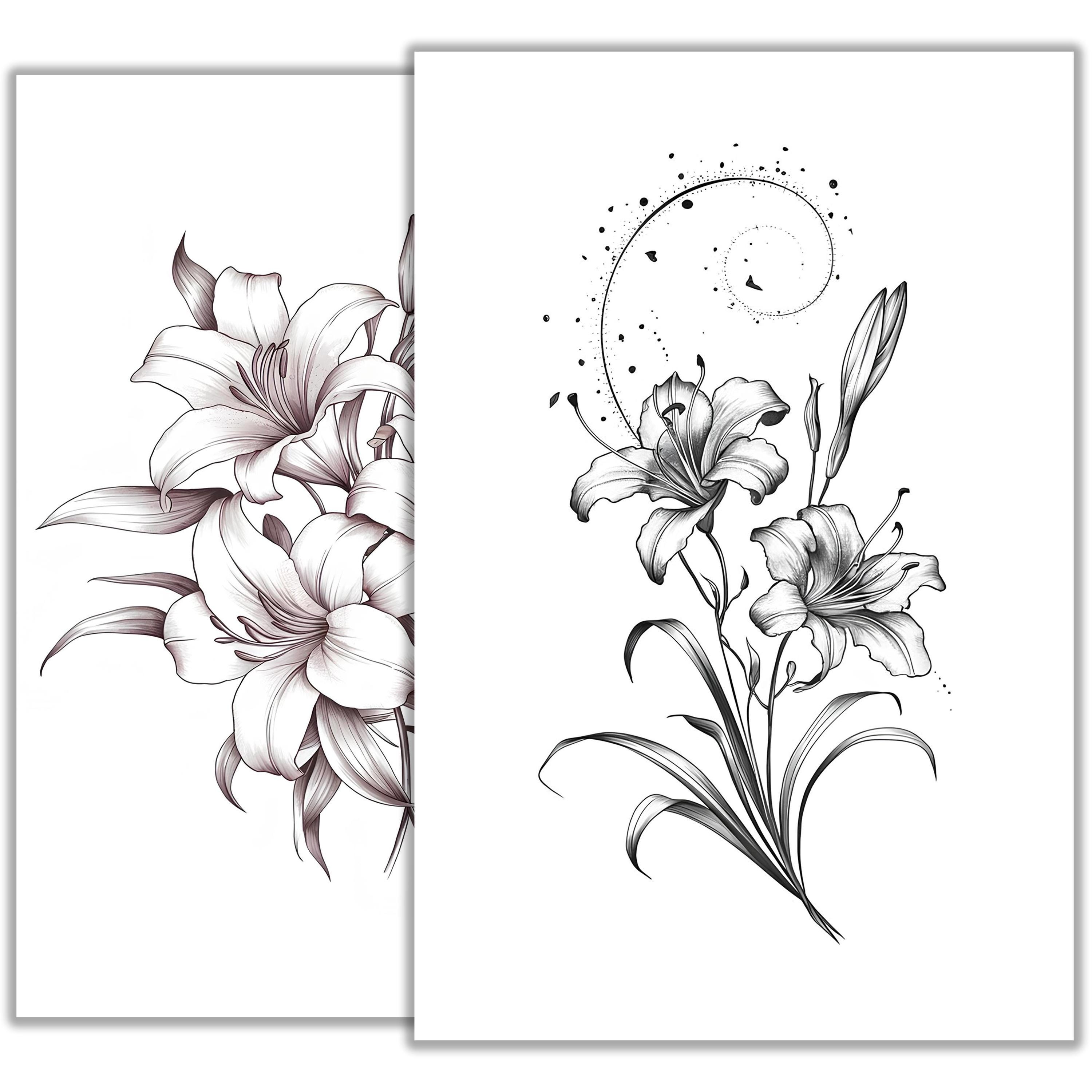 Lily and Daylily Flowers Tattoo Sketch – Elegant Floral Line Art for ...