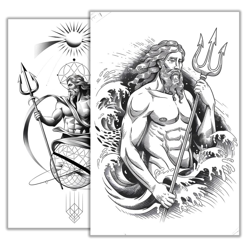 Poseidon Tattoo Sketch – Greek God of the Sea Line Art, Mythology ...