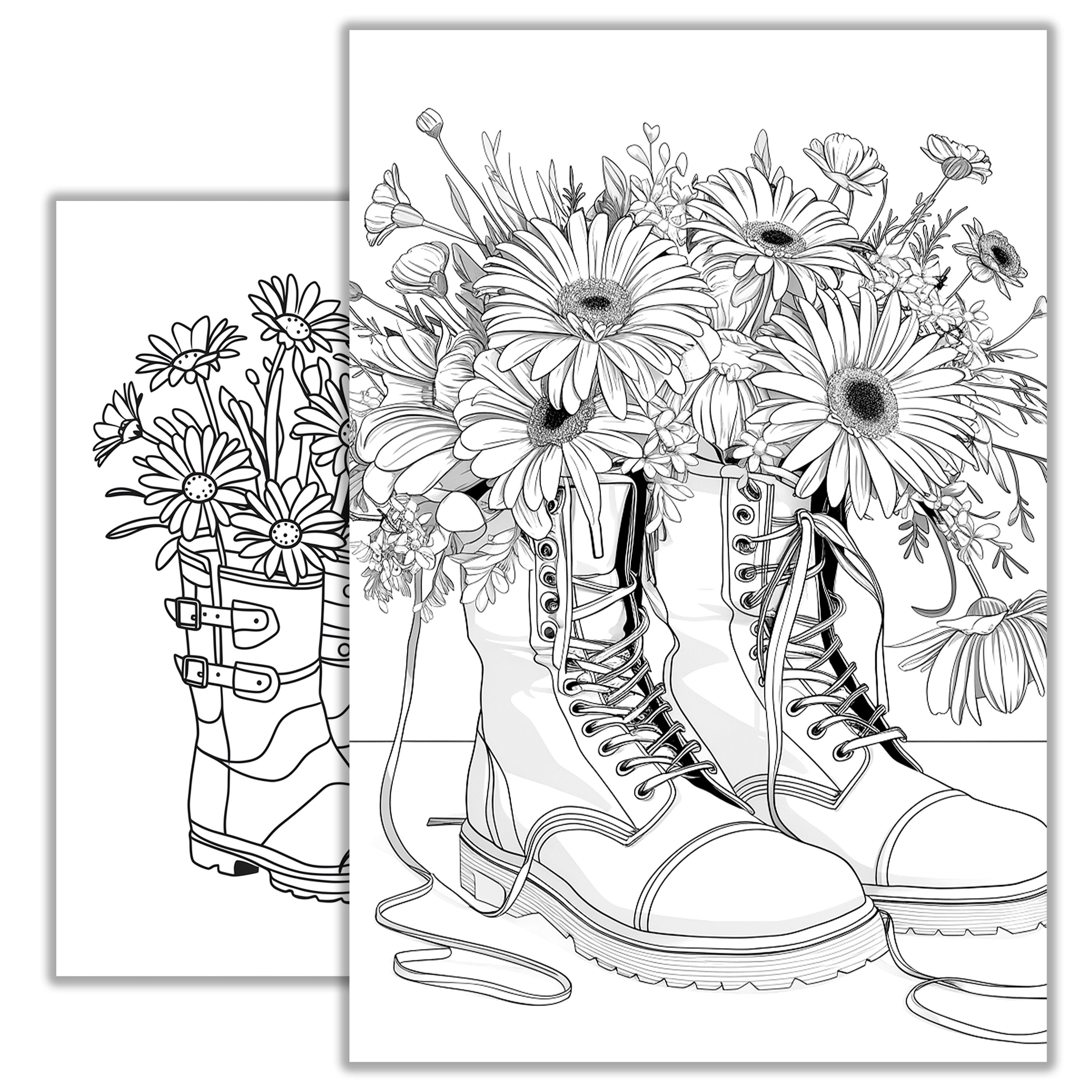 Flower in Boots Coloring Page – Printable Floral Art, Fun DIY Coloring ...
