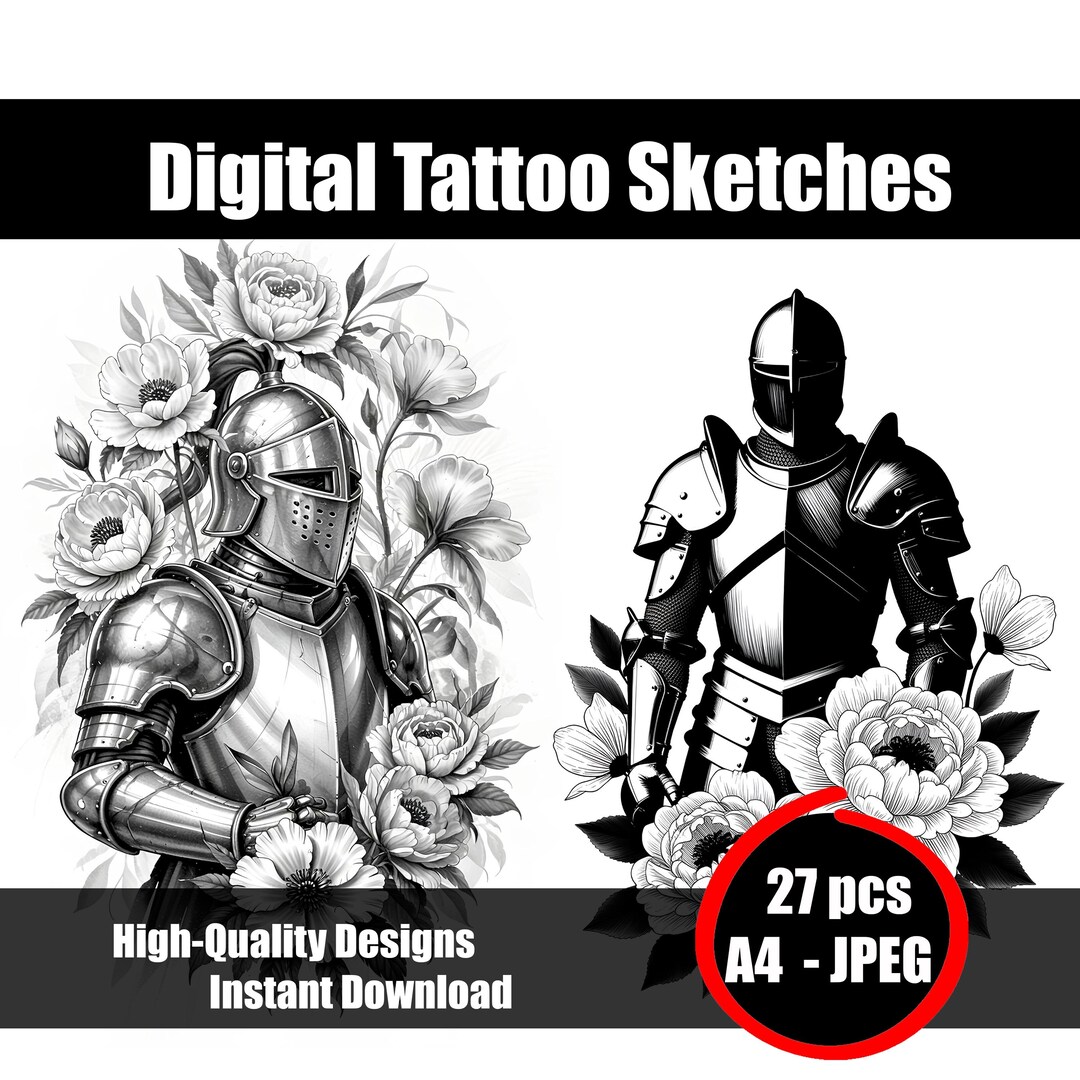 Knight in Flowers Tattoo Sketch – Romantic Armor Line Art, Whimsical ...