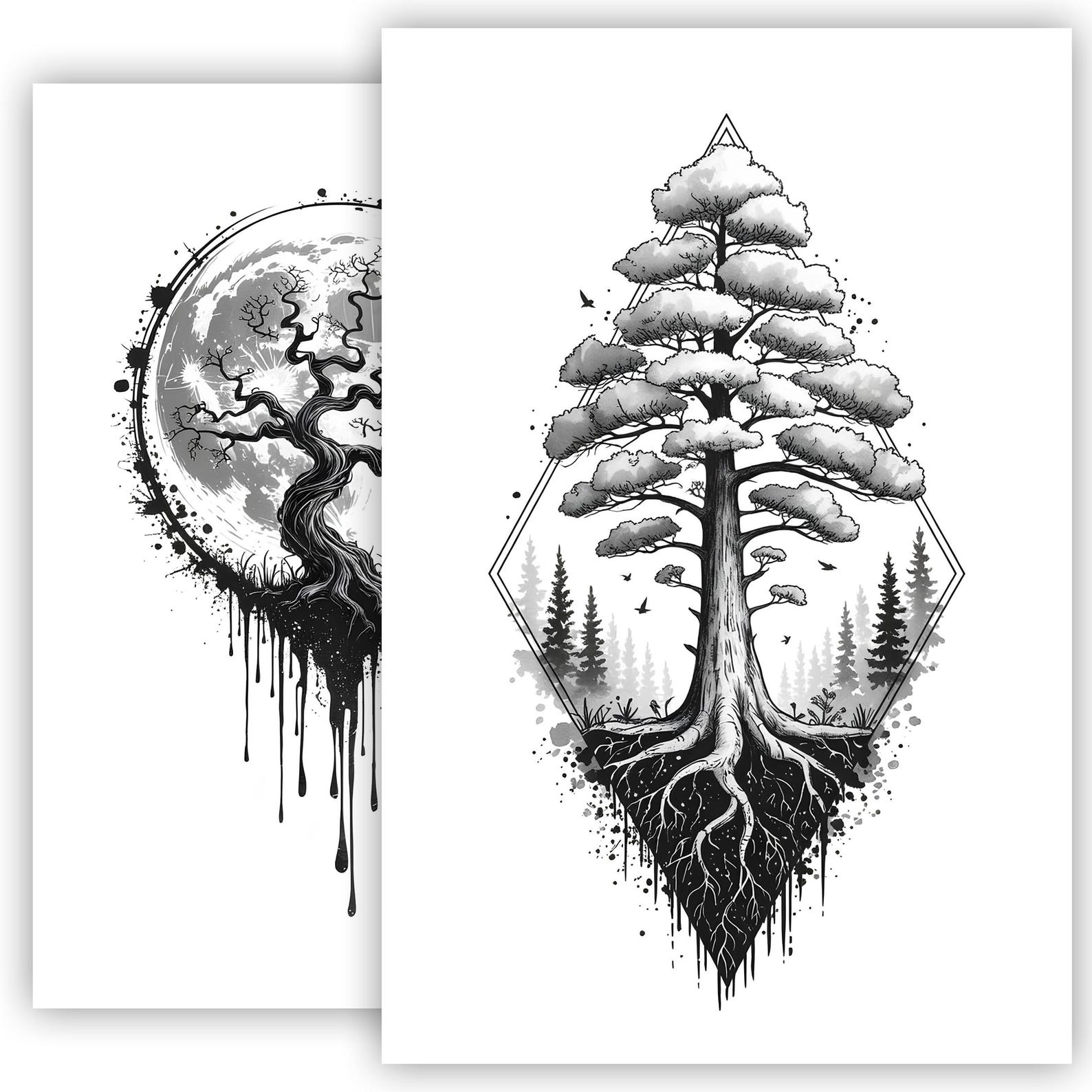 Tree Tattoo Sketch – Fine Line Nature Tattoo Design, Minimalist Forest ...