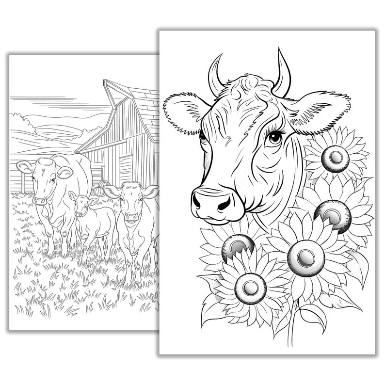 Cow Coloring Page - Farm Animal Printable Design - Cute Cow Line Art ...