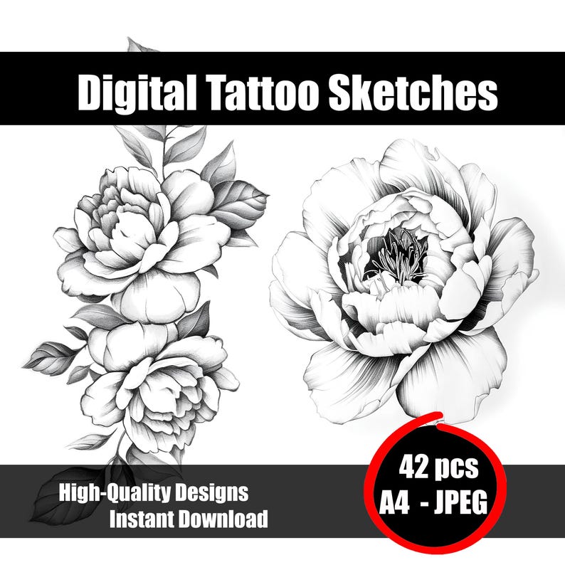 Peony Tattoo Sketch – Printable Floral Line Art Tattoo Design, Elegant ...