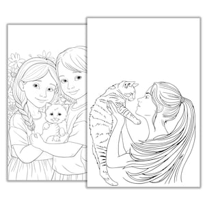 Girl With Cat Coloring Page - Etsy