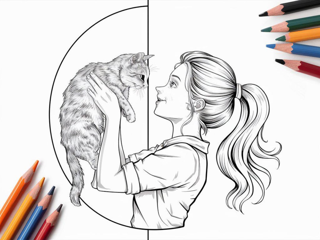 Girl With Cat Coloring Page - Etsy