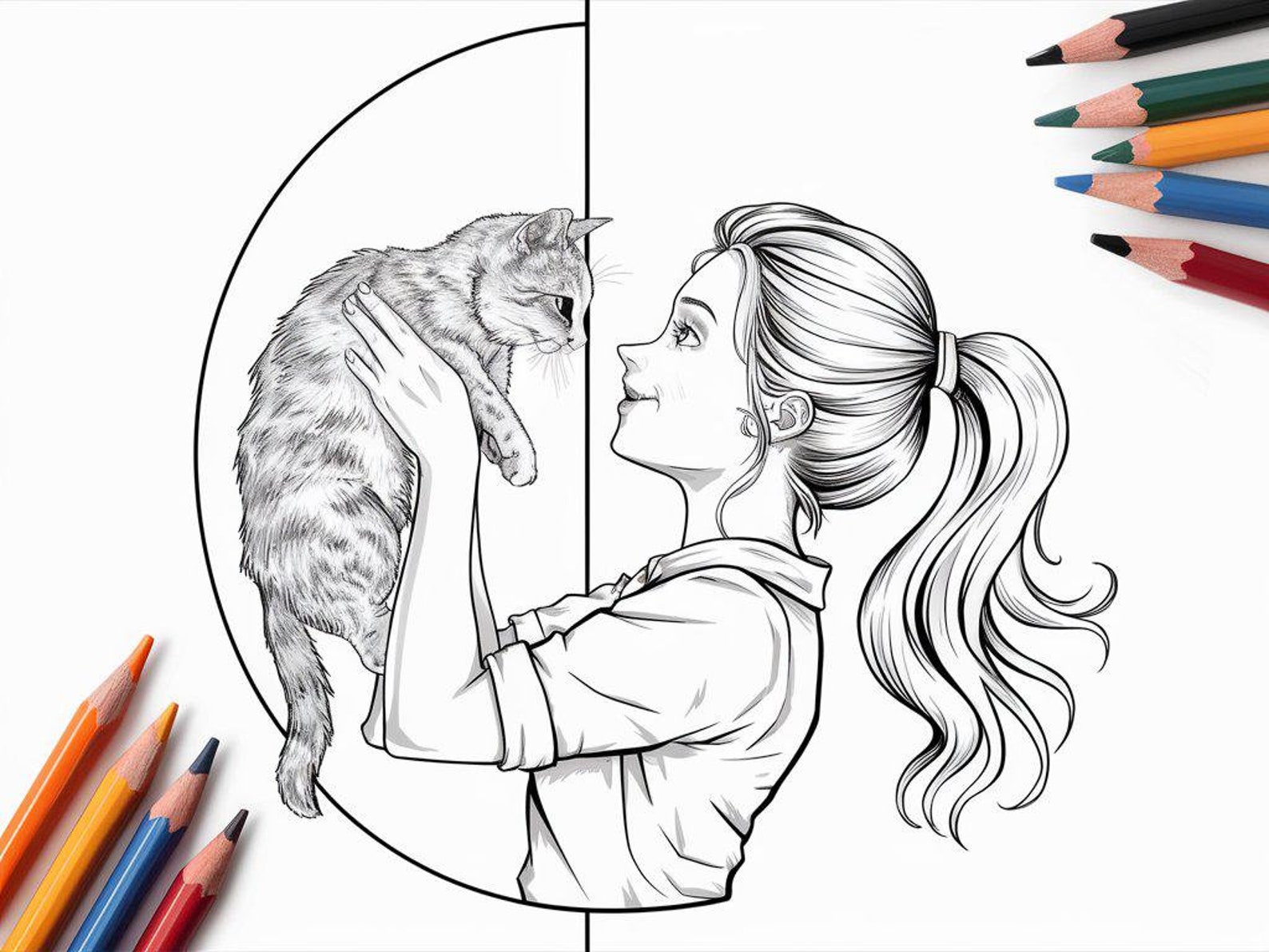 Girl With Cat Coloring Page - Etsy