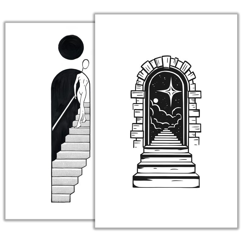 Stairway Tattoo Sketch – Surreal Staircase Tattoo Design | Blackwork ...