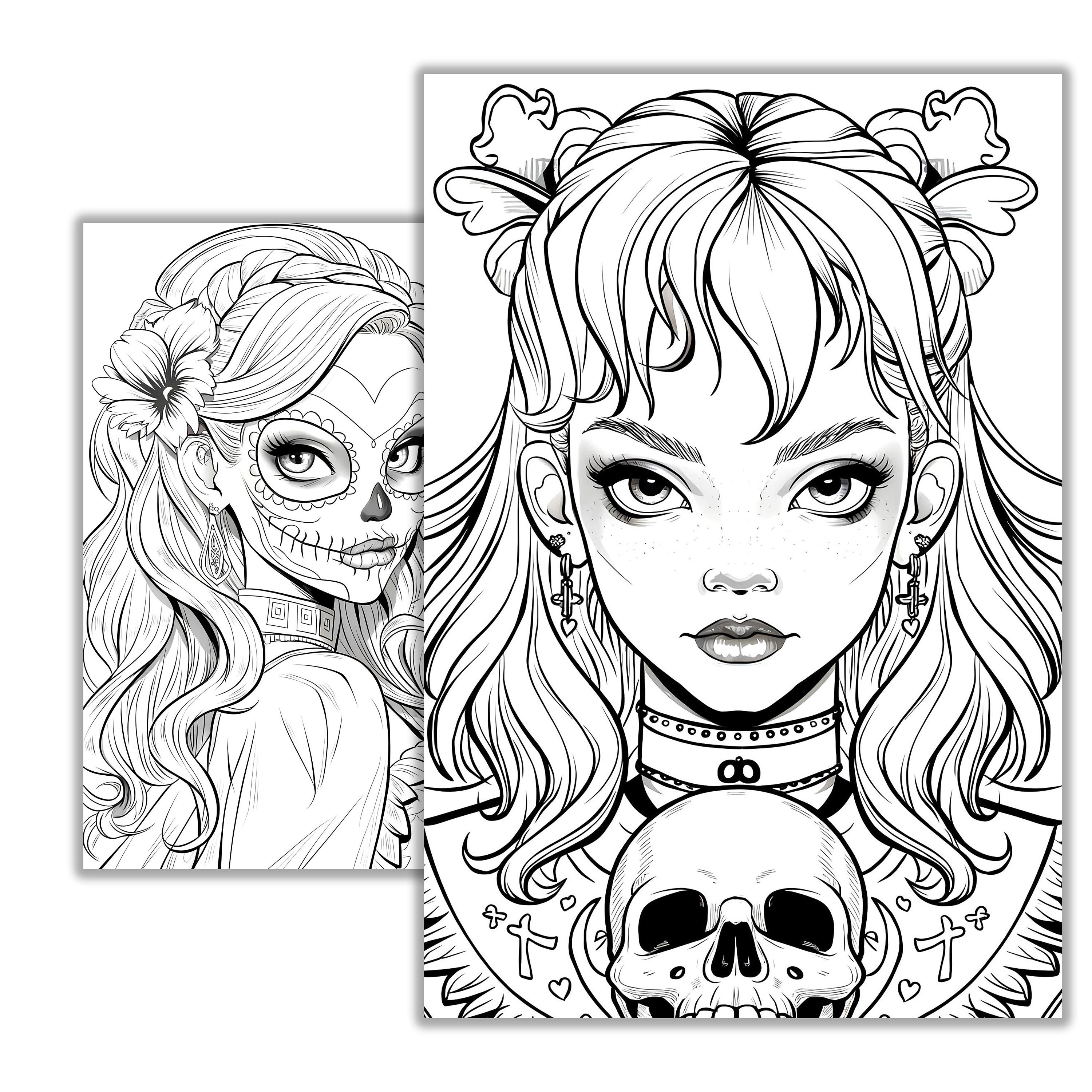 Creepy Girls Coloring Page – Printable Spooky and Gothic Art for Teens ...
