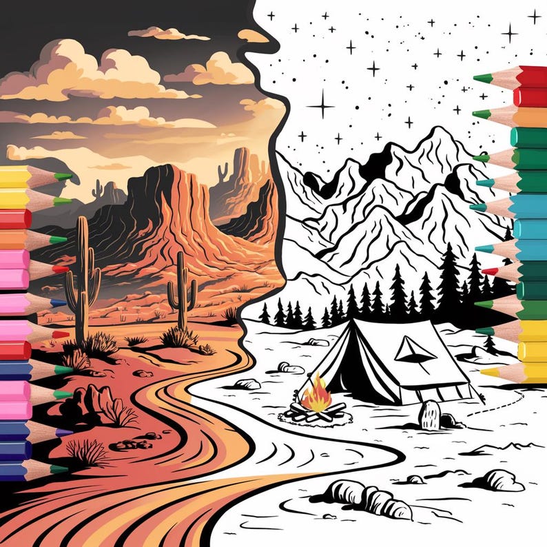 Mountain Coloring Page - Scenic Nature Landscape Printable Coloring ...