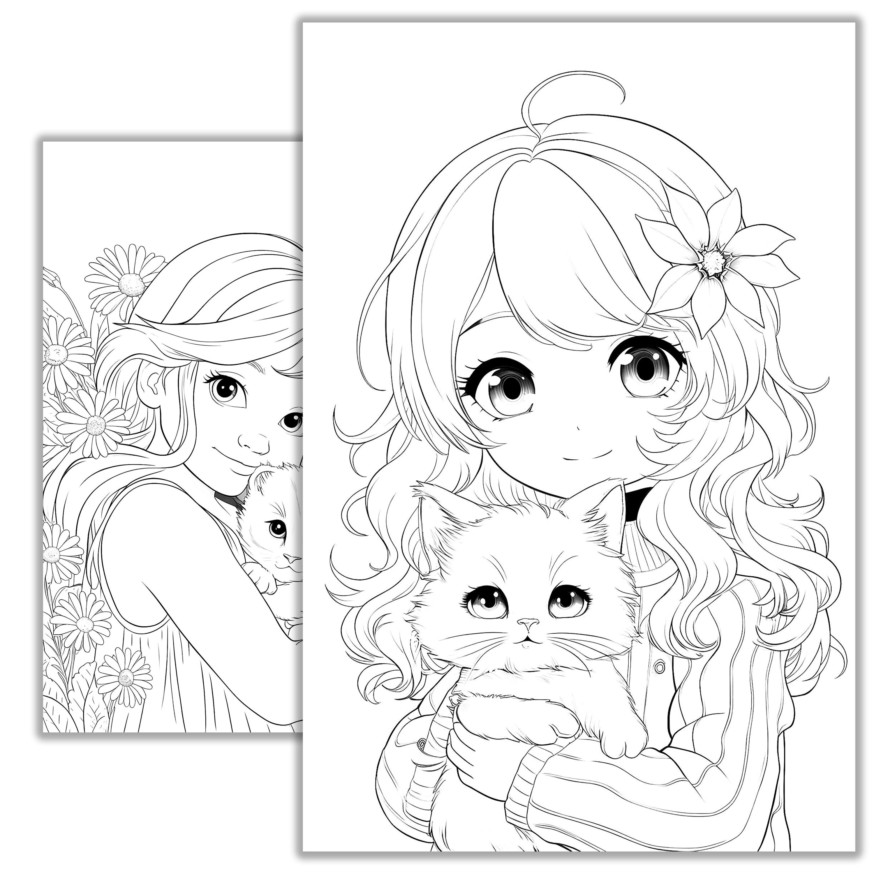Girl With Cat Coloring Page - Etsy